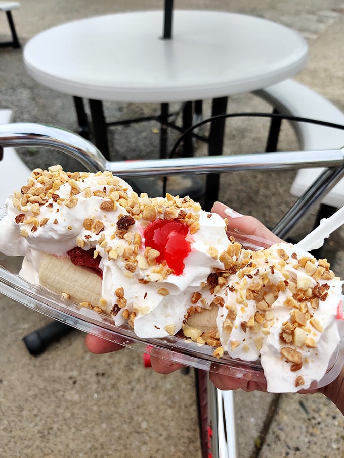 The classic banana split in all its glory. Three distinct flavor zones united by whipped cream and nuts&mdash;it's like the United Nations of desserts.