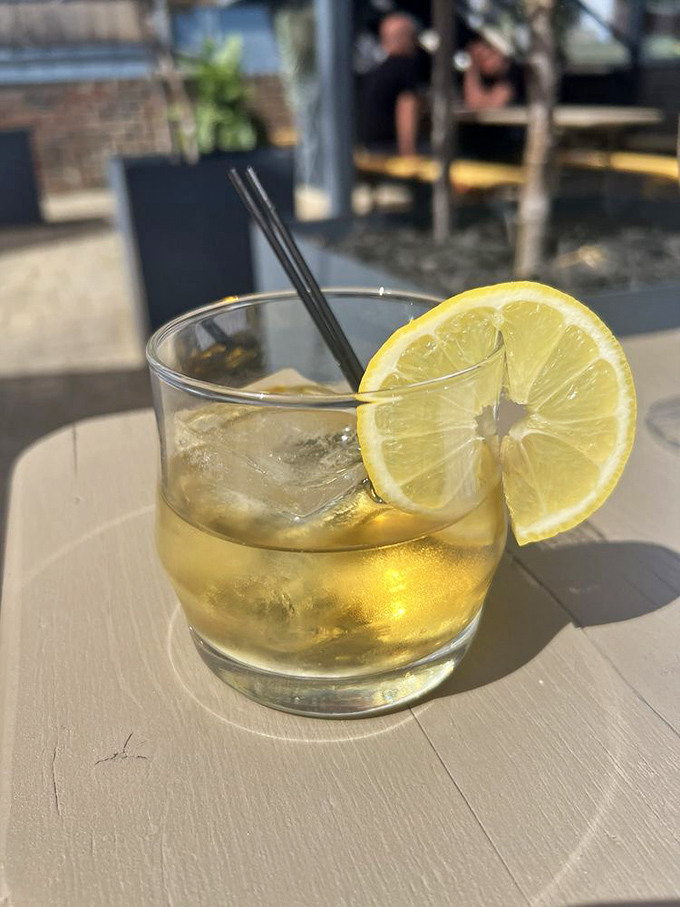 A perfectly poured drink with a lemon slice that's not just garnish but a promise of refreshment on a sunny afternoon.