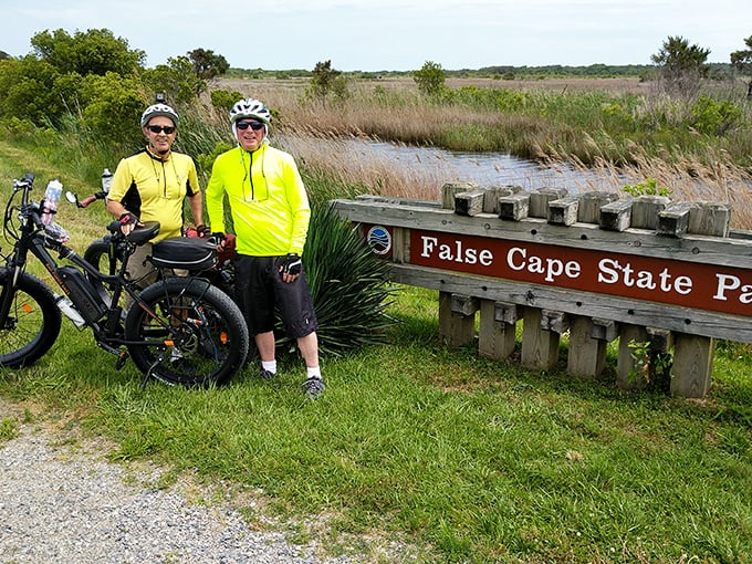 Modern-day explorers with their trusty steeds&mdash;proving that neon cycling gear is the new flannel for wilderness adventures.
