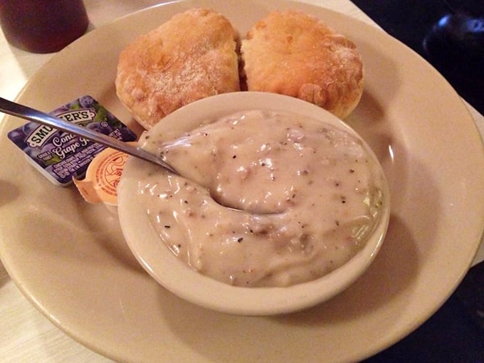 Biscuits and gravy: the Southern comfort food that hugs you from the inside, with pepper-speckled gravy that means business.