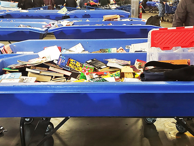 Literary gold mines waiting to be excavated. In these blue bins, someone's discarded beach read becomes your next favorite book.