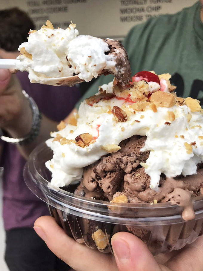 A chocolate avalanche of ice cream topped with a snowstorm of whipped cream&mdash;proof that some of nature's most beautiful disasters are edible.