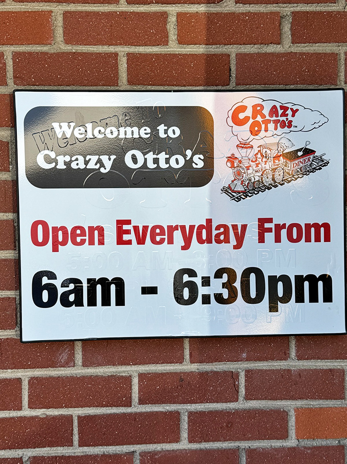 The hours sign that promises breakfast salvation from dawn till dusk. 6am to 6:30pm is what I call a "reasonable opportunity" to consume eggs.