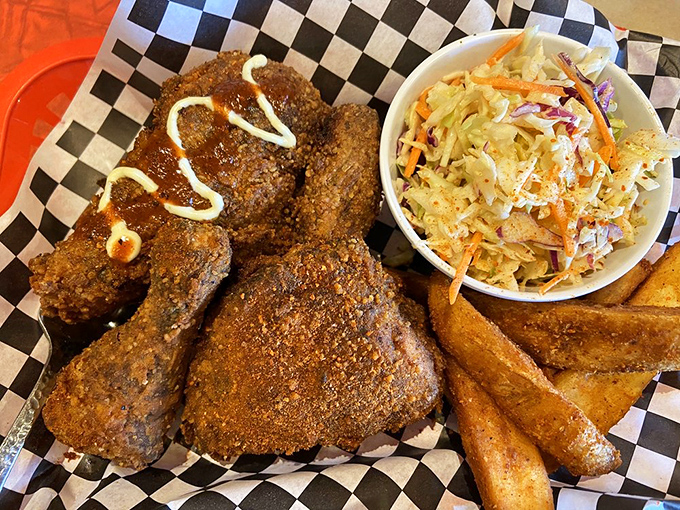 This isn't just a meal, it's a masterclass in texture&mdash;crispy chicken, creamy slaw, and those jo-jos that somehow manage to be both fluffy and crunchy. 