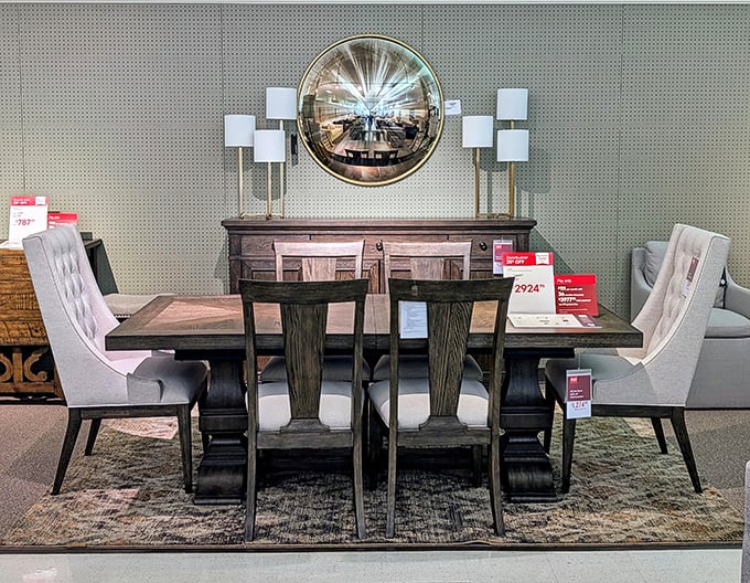 A dining set that manages to be both timeless and trendy. The mirror above creates the illusion that your dinner parties are twice as sophisticated.