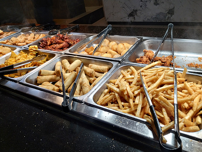 The fried section&mdash;where golden, crispy happiness comes served with dipping sauce. Calories don't count when they're this perfectly crunchy.