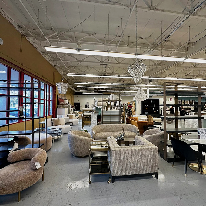 Modern elegance that proves consignment doesn't mean compromising on style. Those chandeliers have definitely seen some fancy dinner parties.