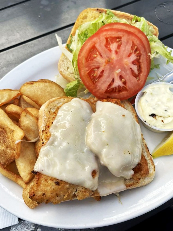 A fish sandwich wearing its melty cheese like a cozy blanket&mdash;comfort food that somehow manages to taste like sunshine and ocean waves.