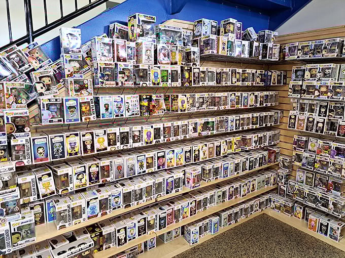 The Funko Pop display creates a pop culture Mount Rushmore, with vinyl figures immortalizing heroes from page and screen.