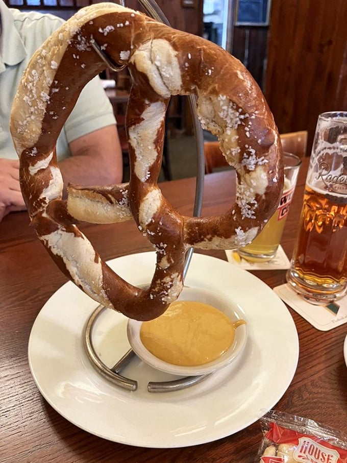 Another angle of pretzel perfection&mdash;this golden twist of dough practically whispers "Guten appetit" as it awaits your first heavenly bite.