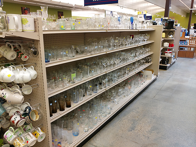 Glassware galore&mdash;from mid-century modern tumblers to wedding crystal someone's daughter-in-law didn't want. Cheers to second chances!