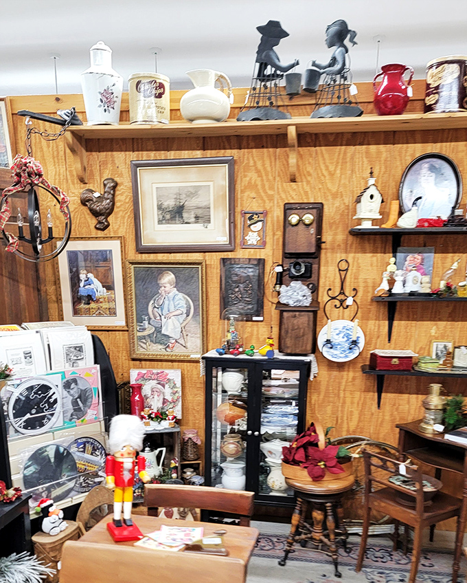 The wall where childhood memories hang like family portraits—vintage telephones, classic toys, and framed pieces that make you say, "My grandmother had that!"
