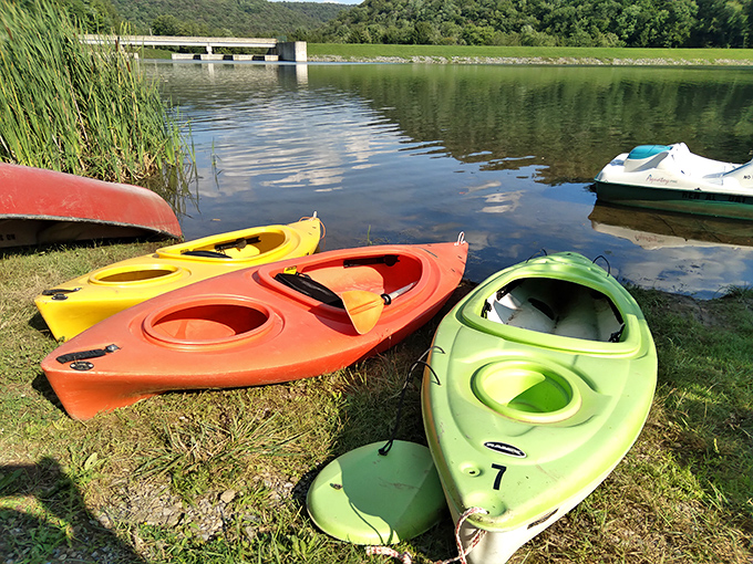 Water adventures await those who bring their own floating transport. Kayakers enjoy a unique perspective of the surrounding mountain splendor.