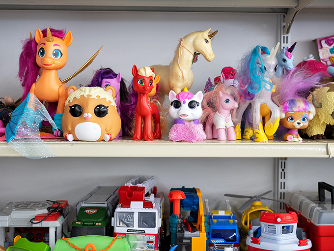 Forgotten toys finding temporary shelter between owners - unicorns and trucks patiently waiting for new imaginations to bring them alive.