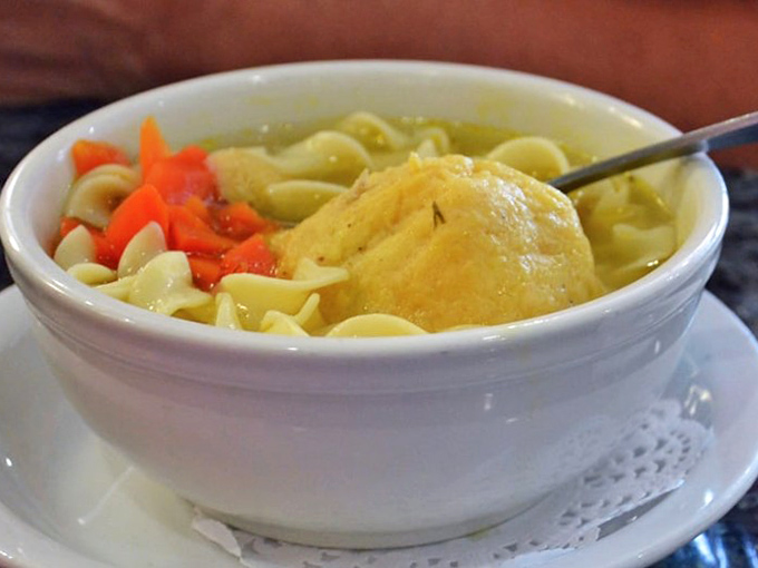 Chicken noodle soup with a matzo ball that doesn't just float&mdash;it commands respect in a sea of perfectly cooked noodles.