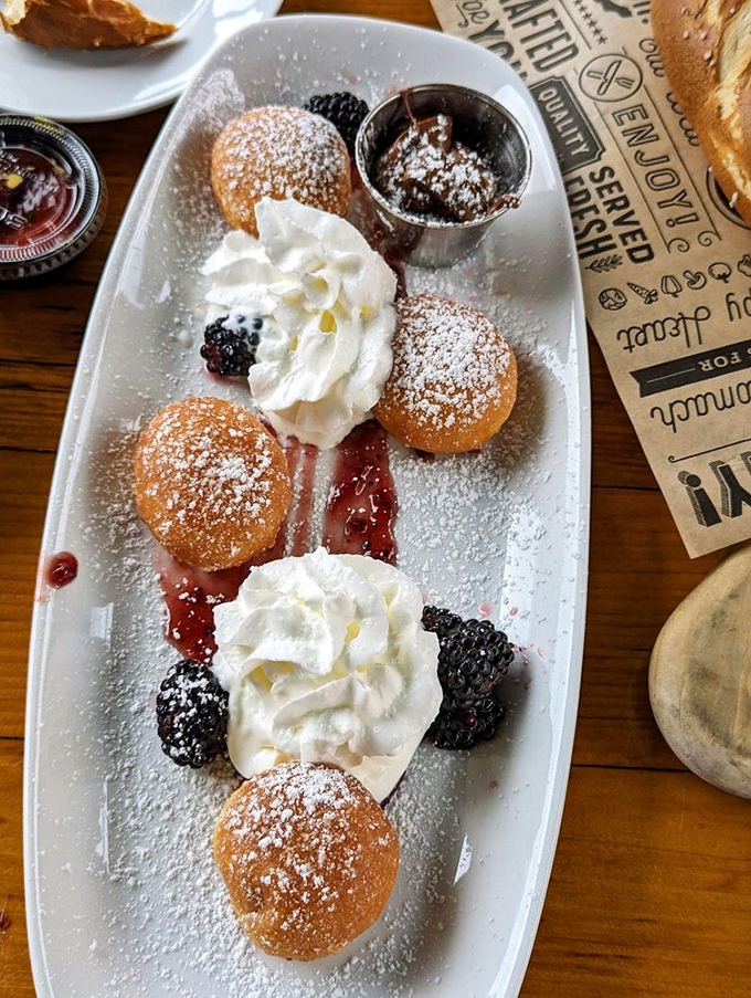 Dessert that refuses to be serious. These powdered sugar-dusted mini donuts with whipped cream are joy in edible form.