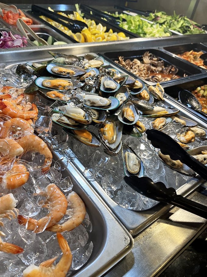 Blue-rimmed mussels and plump shrimp resting on their ice throne, silently challenging you to a delicious duel of "just one more."