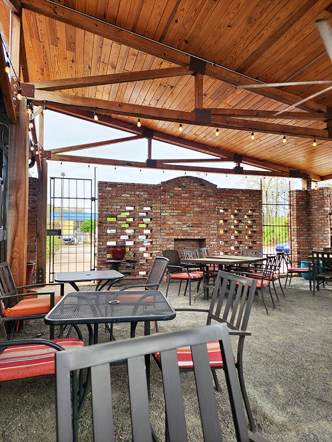 The covered patio offers al fresco dining with rustic brick charm. BBQ tastes even better with a gentle Arkansas breeze in your hair.
