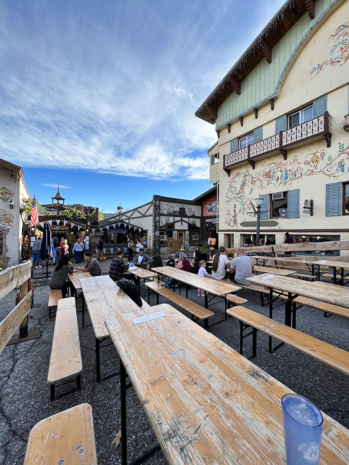 Long communal tables where strangers become friends over shared condiments and the mutual understanding that pretzels solve most of life's problems. 