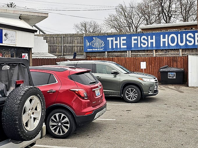 Where pilgrimages end and seafood journeys begin. Cars from across Kentucky gather in seafood solidarity.