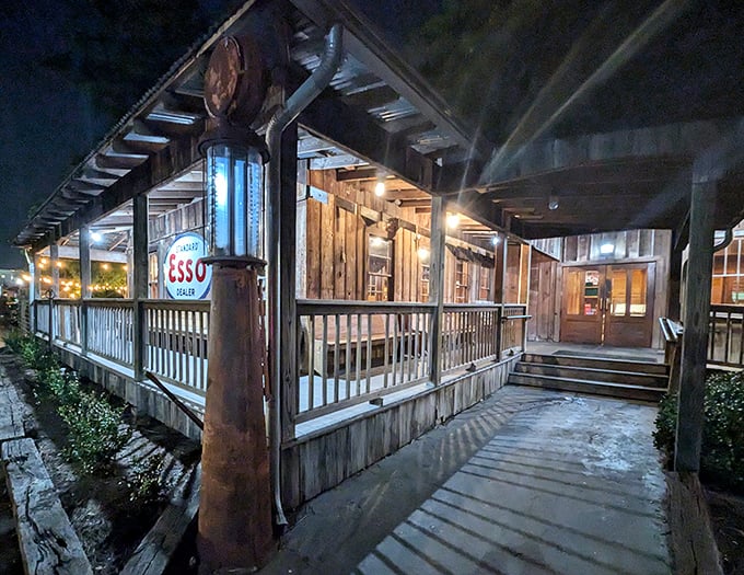 By night, the pathway to Parrain's glows with promise. Follow the wooden boardwalk to flavor country.