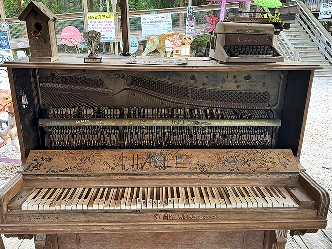 A weathered piano that's seen more blues than a Mississippi juke joint. Every scratch tells a story of good times.