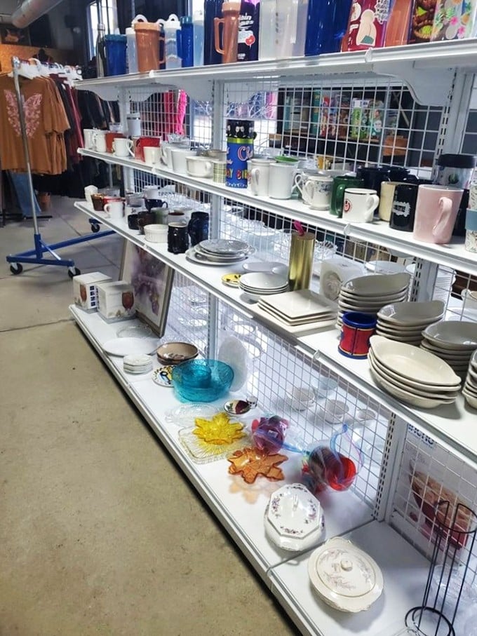 Everyday dishes and seasonal treasures share shelf space&mdash;because someone's discarded autumn leaf platter is another's Thanksgiving table revelation.