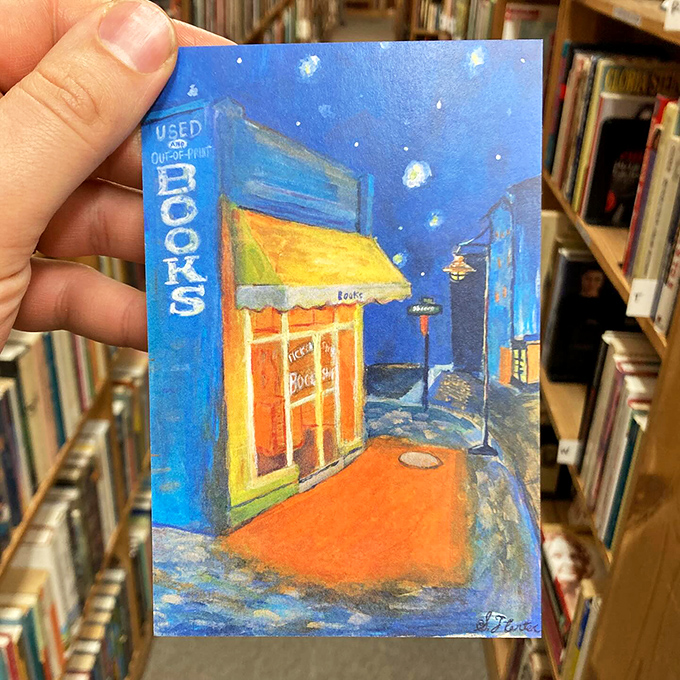 A pocket-sized masterpiece capturing the bookshop's nocturnal magic&mdash;like Van Gogh decided to paint a literary Starry Night in Fayetteville.
