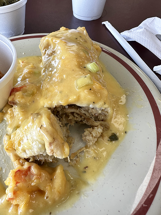 This smothered burrito isn't messing around. Wrapped in a blanket of gravy and ready to make your day significantly better.