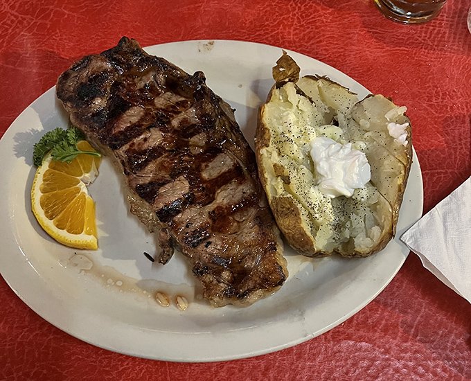 Grill marks aren't just decoration&mdash;they're a promise of flavor. This strip steak with its loaded baked potato sidekick is rural Oregon's answer to fine dining. 