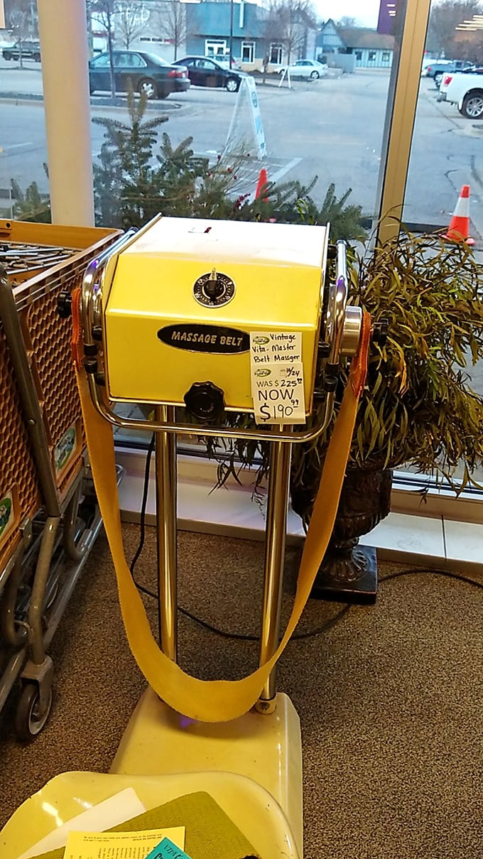 The retro yellow massage belt machine promises relaxation from another era&mdash;a conversation piece that might actually loosen your shoulders!