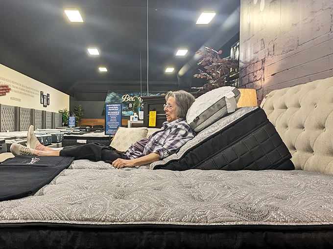 Mattress testing isn't just encouraged&mdash;it's practically mandatory. This shopper has the right idea, making herself completely at home before making a commitment.