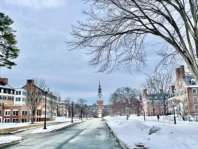 Winter blankets Dartmouth's campus in pristine white. Even the most stressed students pause to appreciate this postcard-perfect scene between exams.