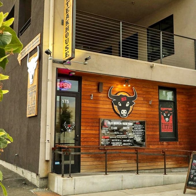 Biggest Little Steakhouse's wooden facade and bull logo announce its mission: serious steak without the serious attitude.