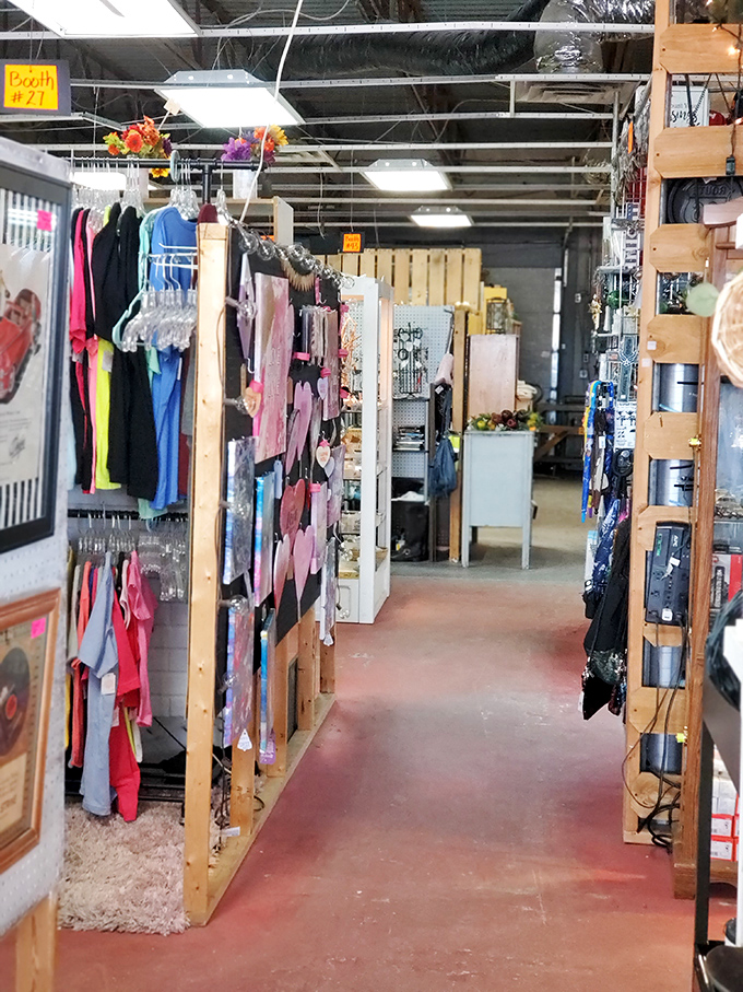 The treasure hunt continues down aisles where wedding dresses neighbor Halloween costumes. In a junk shop, every season happens simultaneously.
