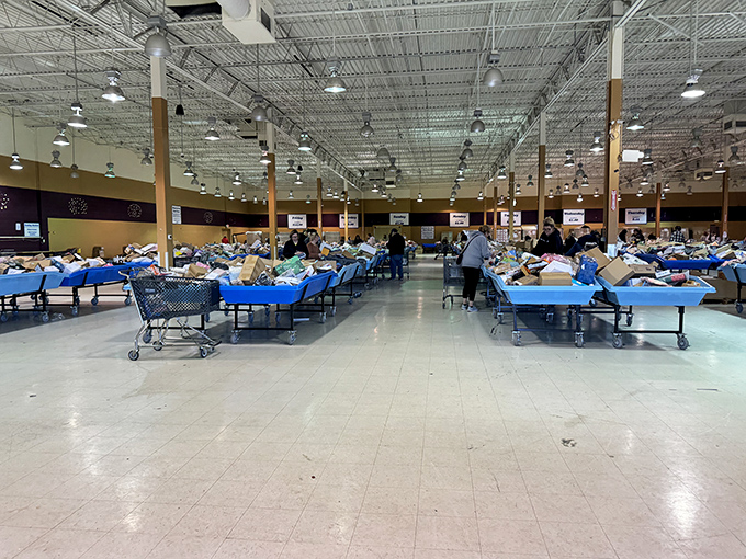 The bin store landscape stretches before you like a sea of potential—each blue container a retail island waiting to be explored.