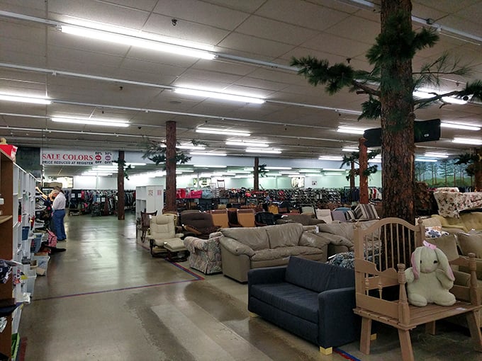 The furniture showroom extends into the horizon, with couches and chairs arranged in conversational groupings as if waiting for shoppers to rest their weary feet.