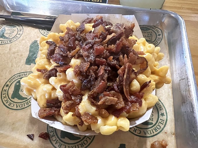 Mac and cheese gets the royal treatment with a crown of crispy bacon. Comfort food that's dressed for a special occasion.