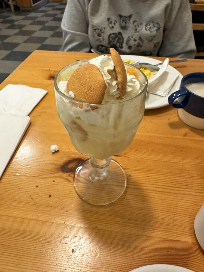 Banana pudding topped with whipped cream and vanilla wafers &ndash; childhood nostalgia served in a glass with no judgment for ordering dessert at breakfast.