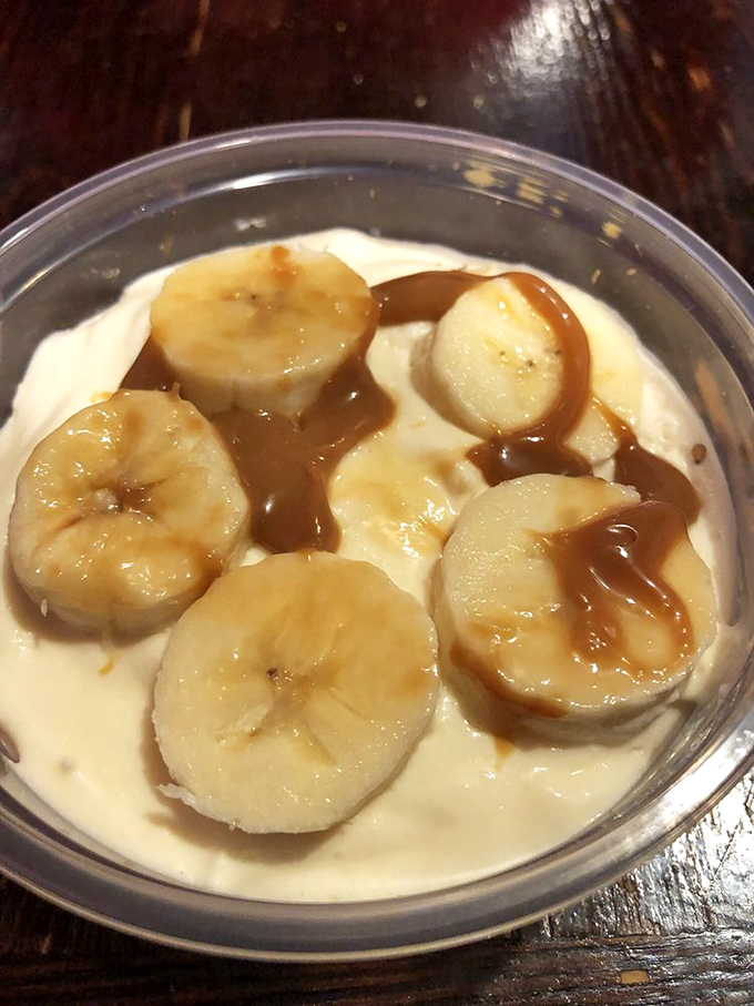 Banana pudding with caramel drizzle &ndash; the dessert equivalent of a warm hug from your favorite grandparent after you've already eaten too much.
