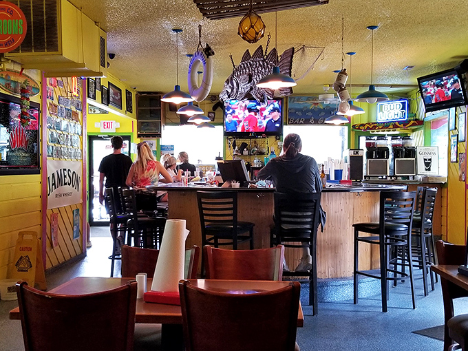 The bar area&mdash;where fish stories get bigger with each round. That skeleton fish hanging from the ceiling has heard them all.