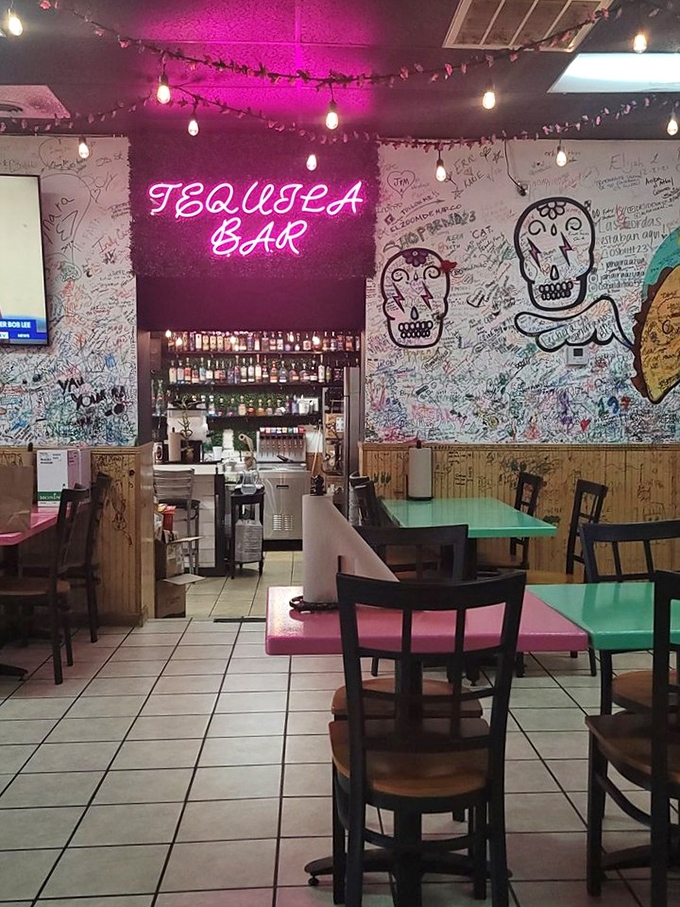 The tequila bar glows with promise under pink neon, surrounded by walls that patrons have turned into a guest book of taco appreciation.