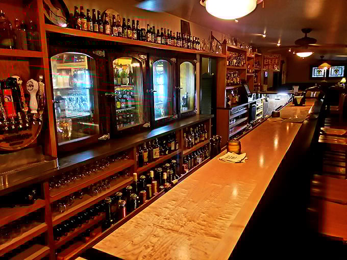 The bar stretches like a runway for spirits – bottles standing at attention, ready to transform an ordinary evening into something worth remembering.