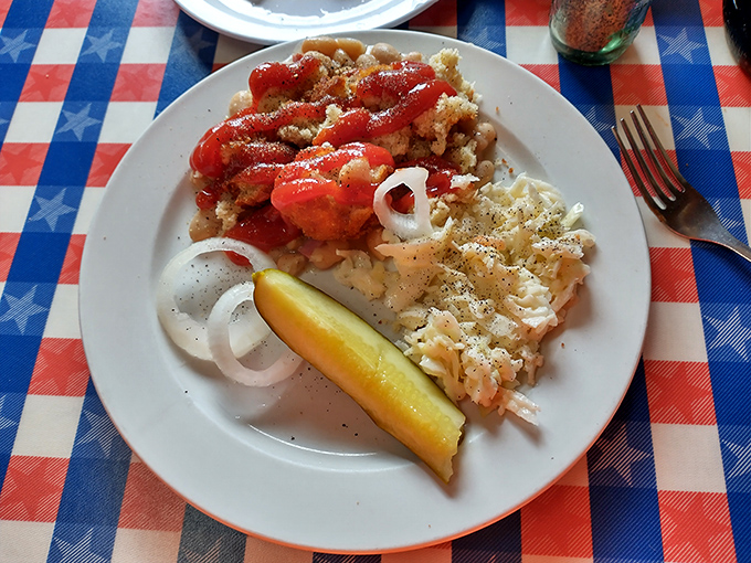 This seafood platter with coleslaw and onions isn't just dinner&mdash;it's an edible postcard from a simpler time when calories weren't counted and seafood came with stories.