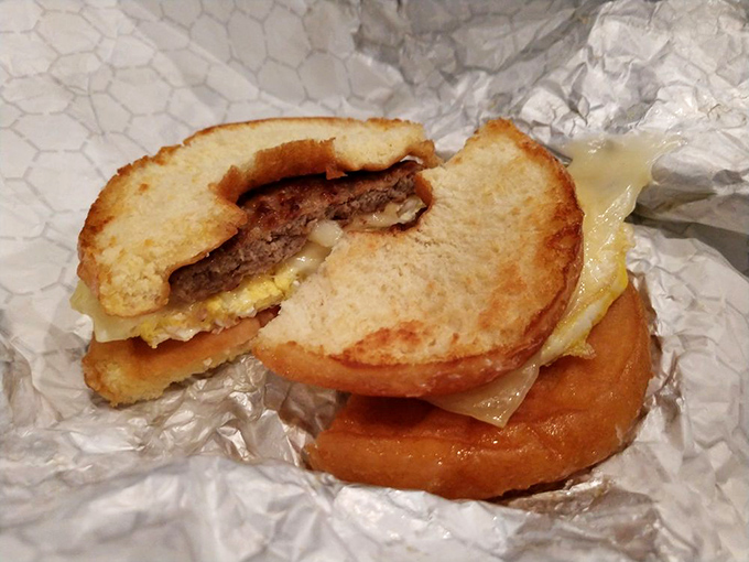 The breakfast sandwich that answers the eternal question: "Why choose between donuts and eggs?" with a resounding "Have both, you magnificent human."
