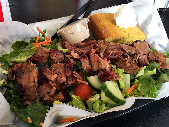 The BBQ salad&mdash;nature's clever way of letting you pretend you're eating healthy while still enjoying all the smoky goodness you actually came for. 