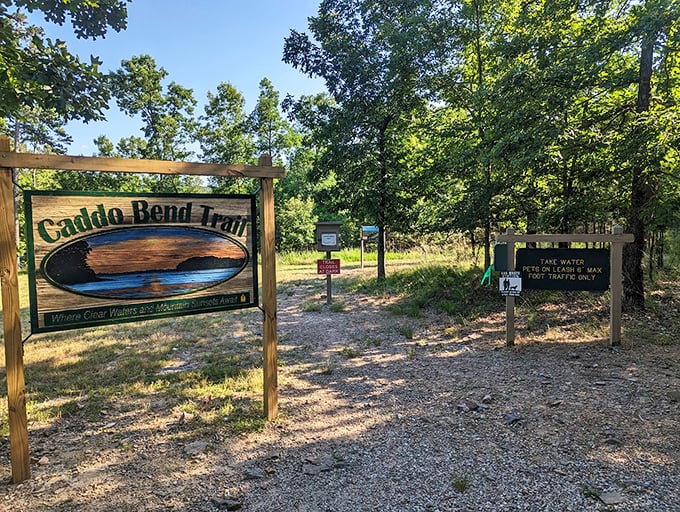 Trail magic begins here! The Caddo Bend Trail sign stands as a promise of adventures to come&mdash;just add comfortable shoes and a sense of curiosity.