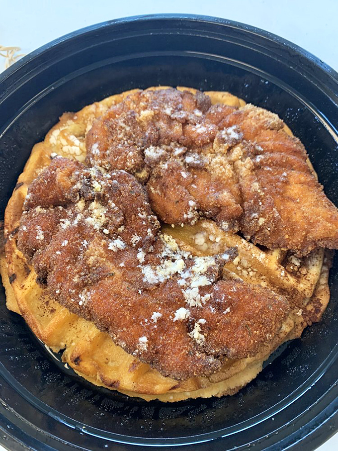 This cinnamon-crusted waffle creation looks like it was dreamed up by someone who believes dessert is a perfectly acceptable breakfast choice.