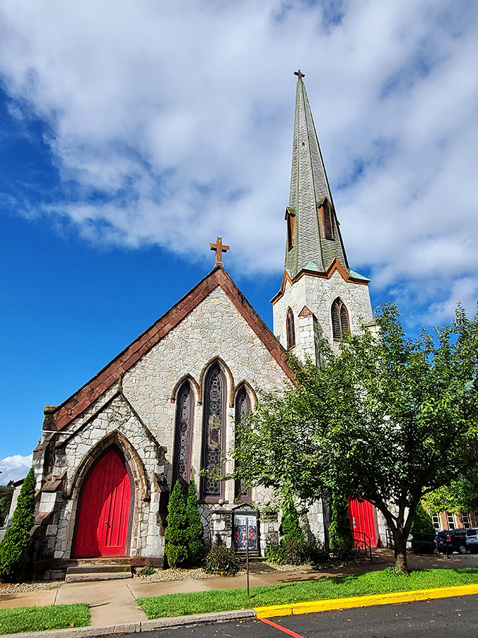 This stone church with striking red doors isn't just a place of worship&mdash;it's a testament to the craftsmanship that defines Bellefonte's architectural soul.