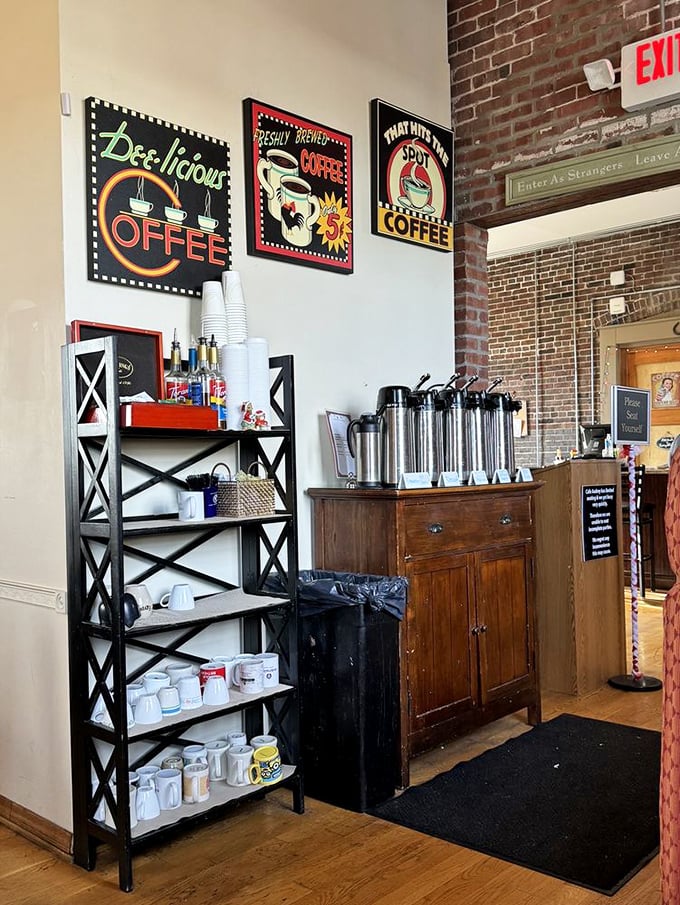 The coffee corner that fuels Fort Ben's morning warriors. These vintage signs aren't just decoration&mdash;they're promises of caffeinated salvation.